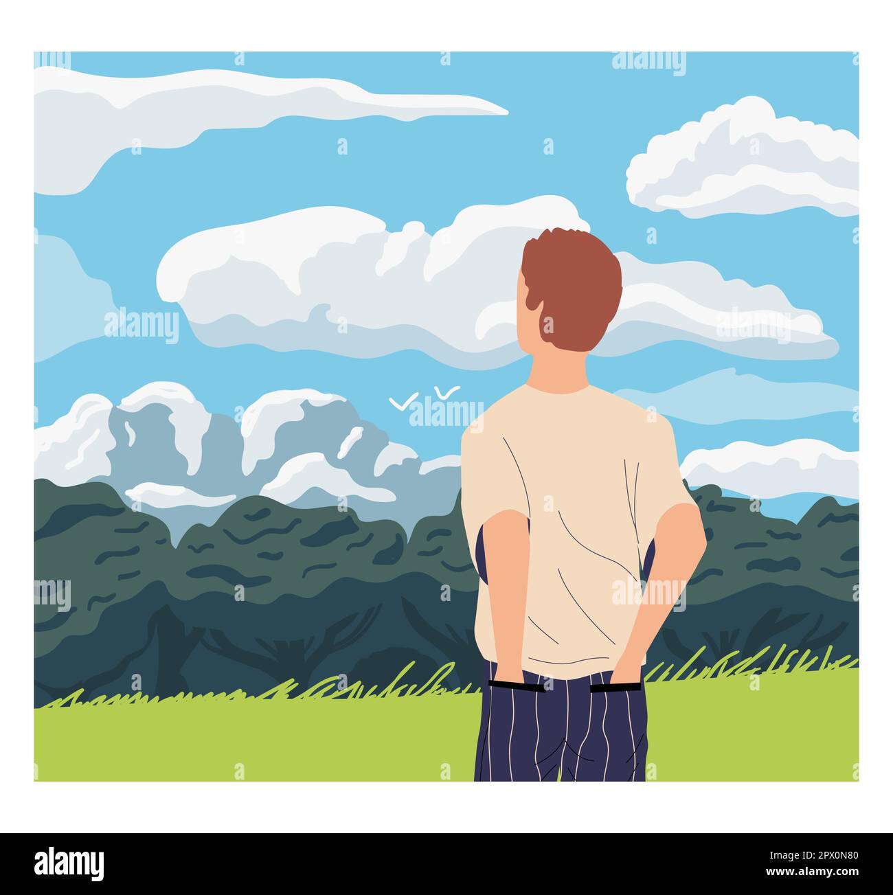 People looking forward. Man admiring mountain landscape. Summer ...