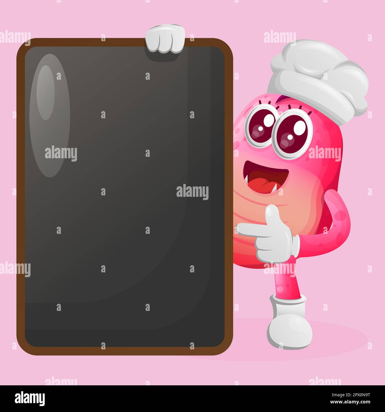 Cute pink monster holding menu black Board, menu board, sign board ...