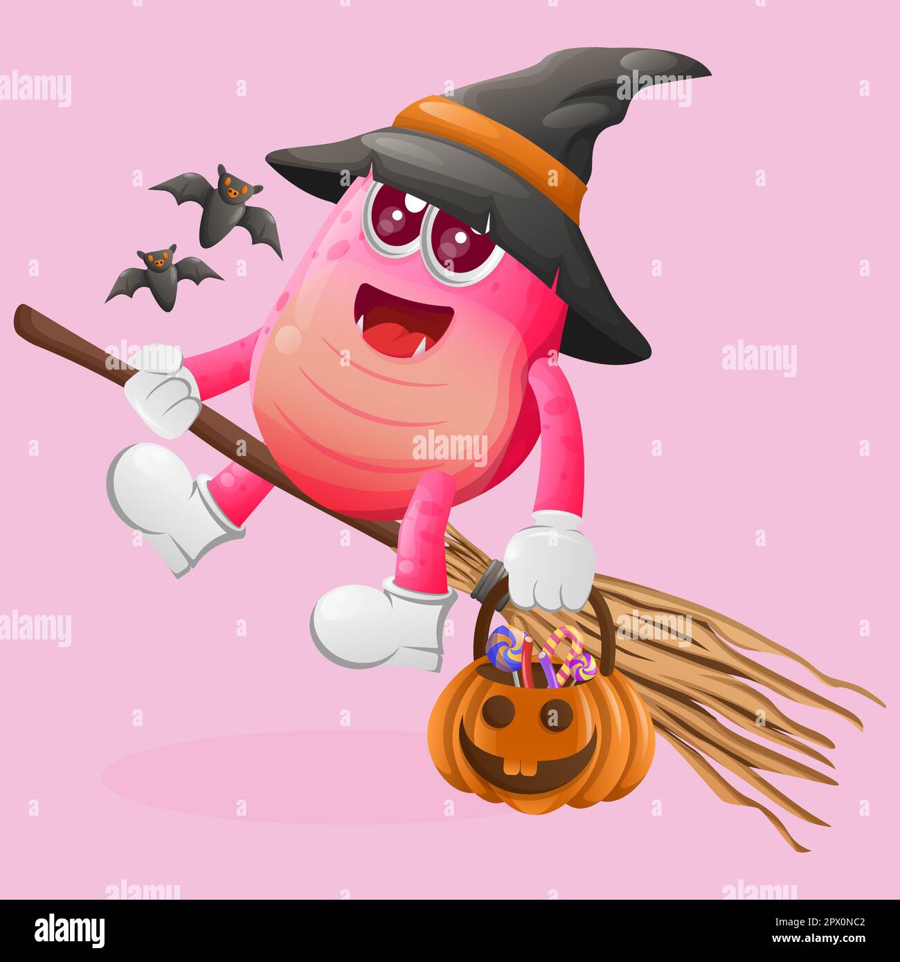 Cute pink monster witch with holding halloween pumpkin with candy on it ...