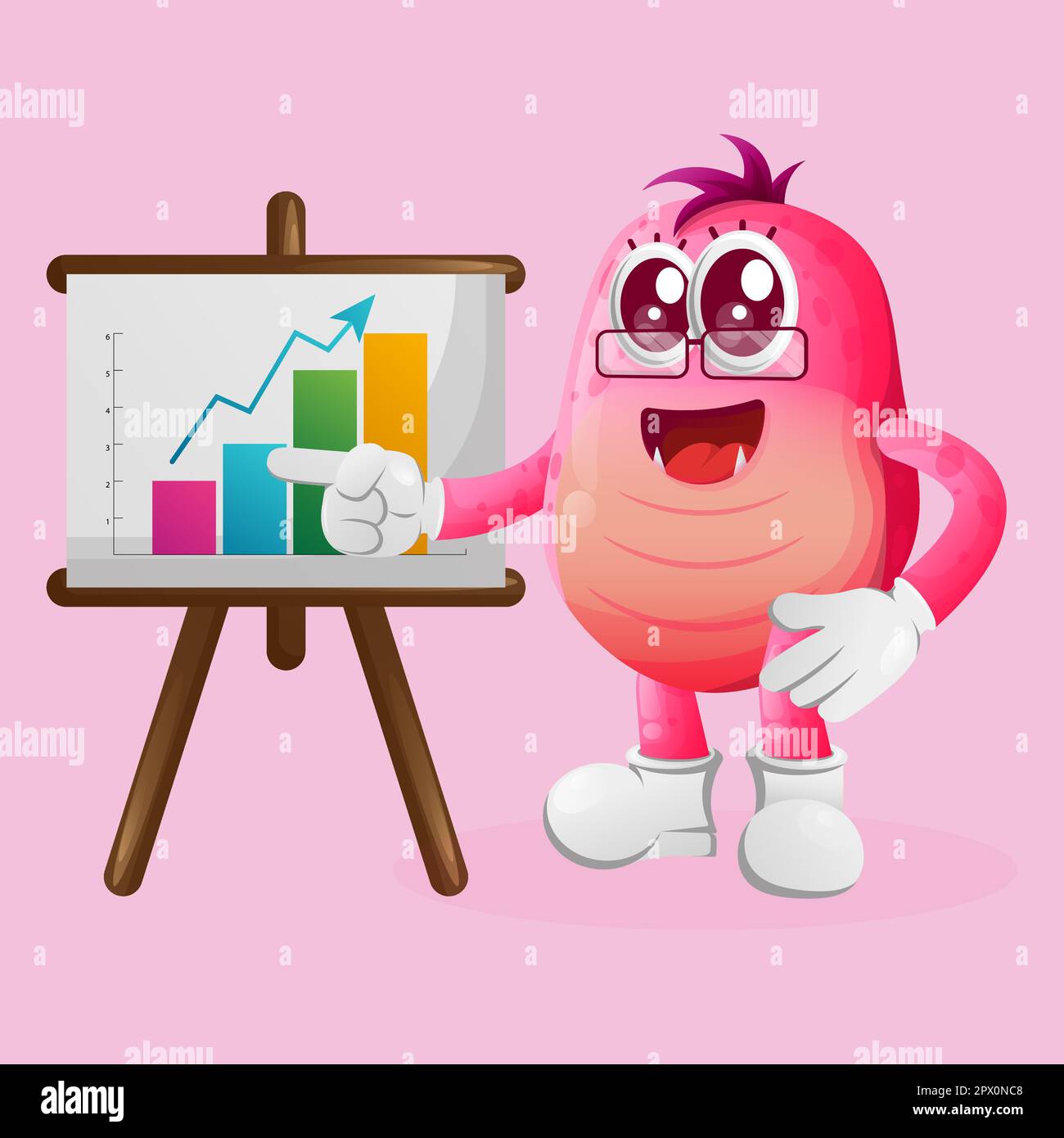 Cute pink monster gives report presentation, shows column graphics ...