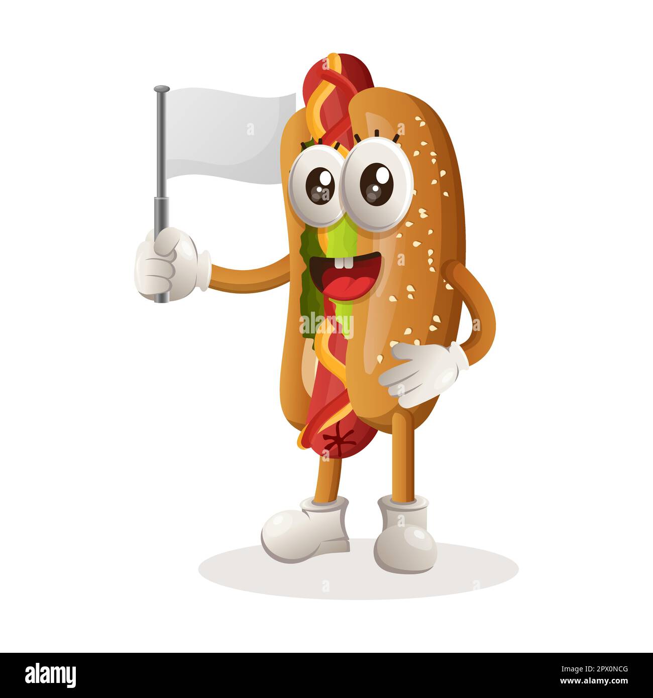 Cute hotdog mascot waving white empty flag. Perfect for food store ...