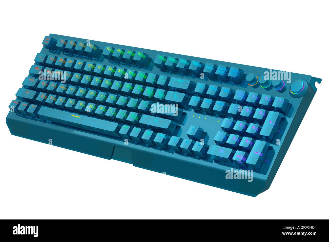 Realistic computer keyboard with blue chrome texture isolated on white ...