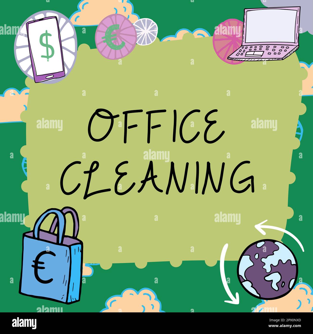 Hand writing sign Office Cleaning, Word for the action or process of ...