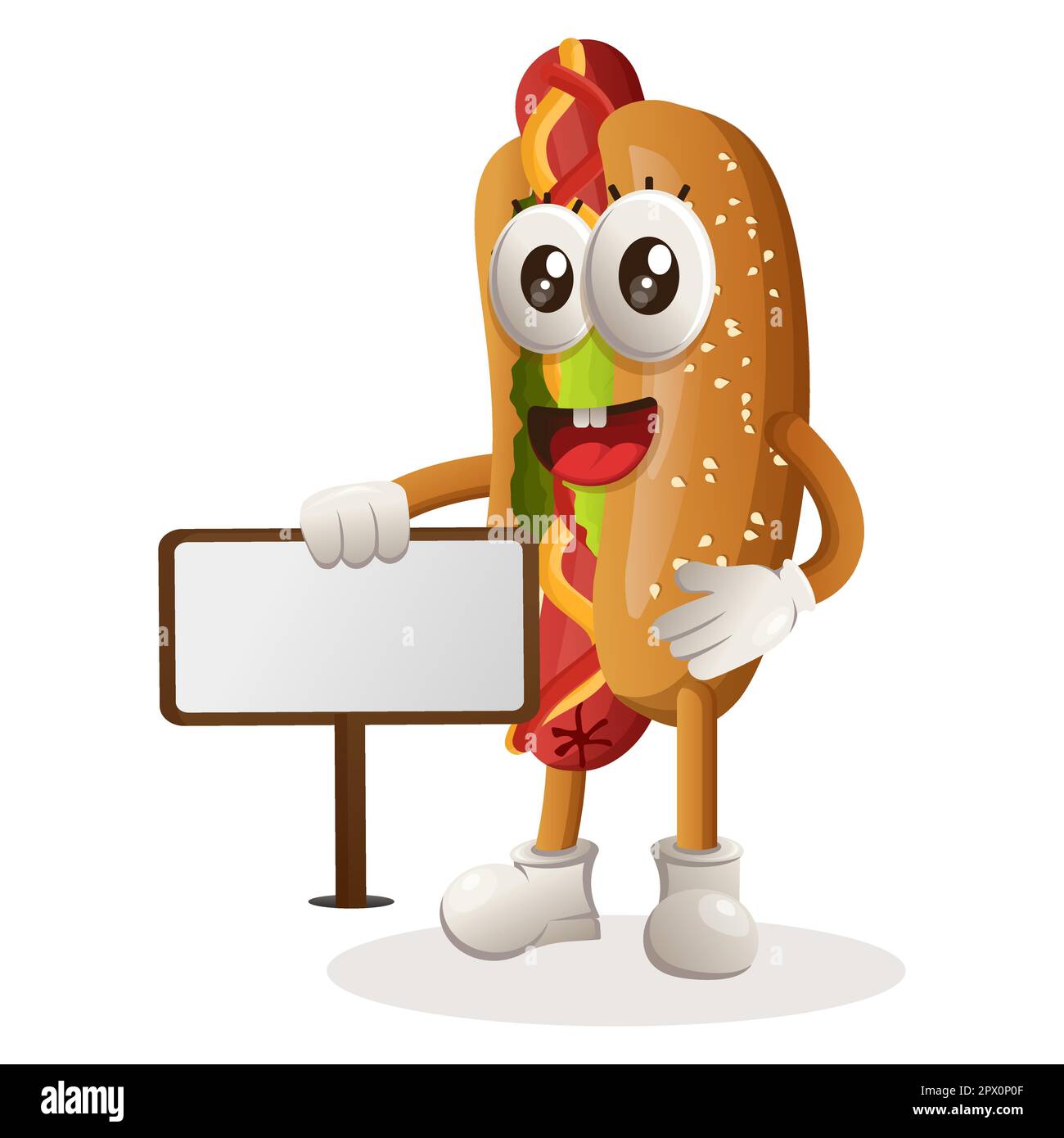 Cute hotdog mascot standing next to a billboard. Perfect for food store ...