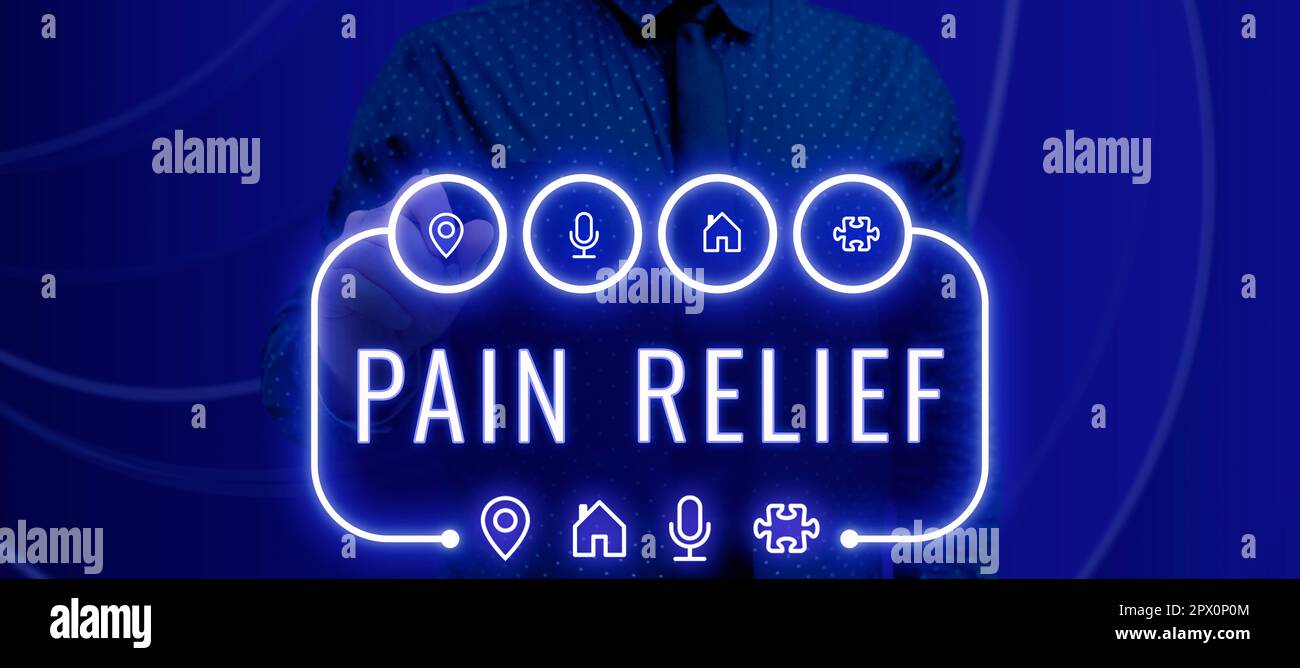 Conceptual caption Pain Relief, Word Written on Drugs or other methods ...