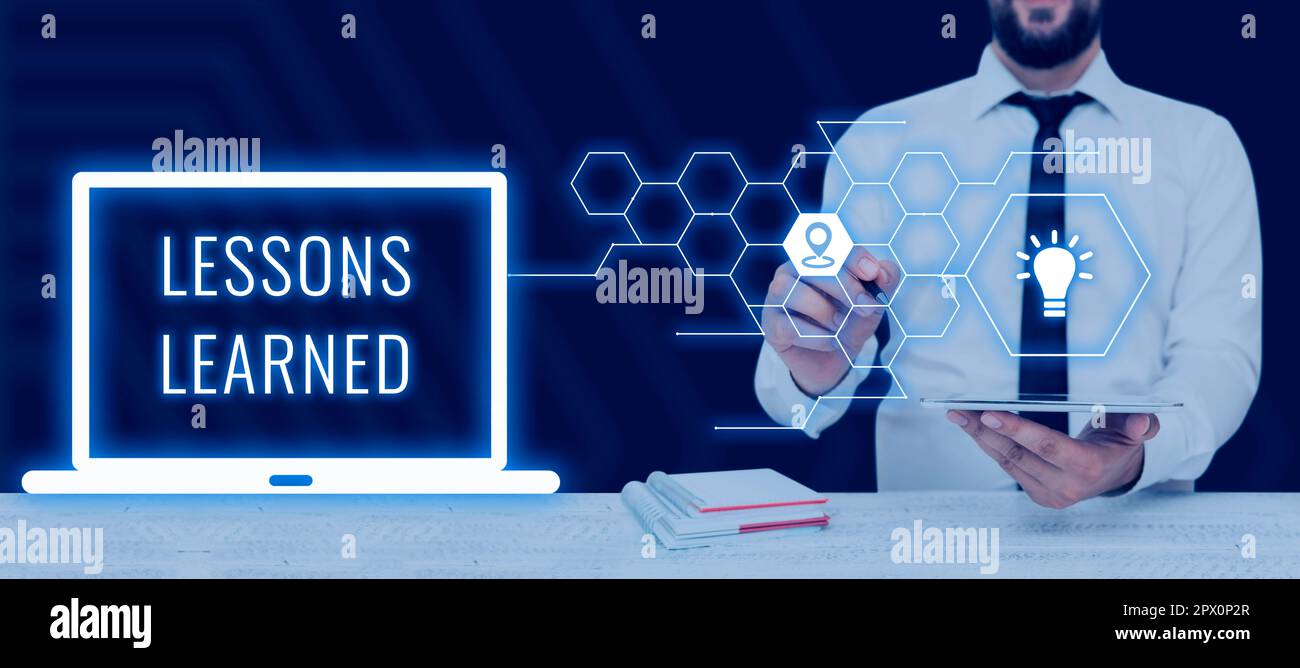 Text showing inspiration Lessons Learned, Business approach Promote share and use knowledge ...