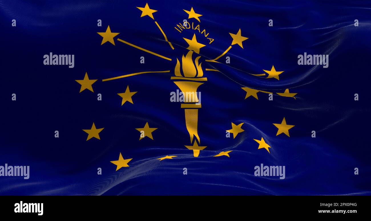 Close-up view of the Indiana state flag waving in the wind. Indiana is ...