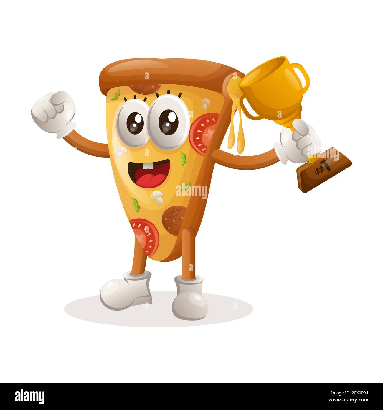 Cute pizza mascot winning award and celebrating success. Perfect for ...