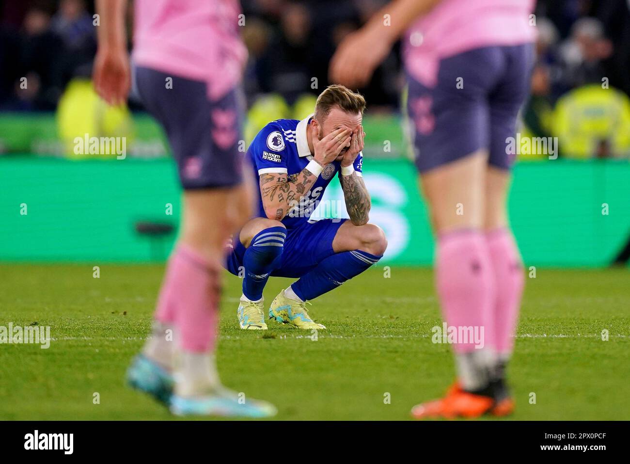 Leicester City's James Maddison appears dejected at the end of the ...