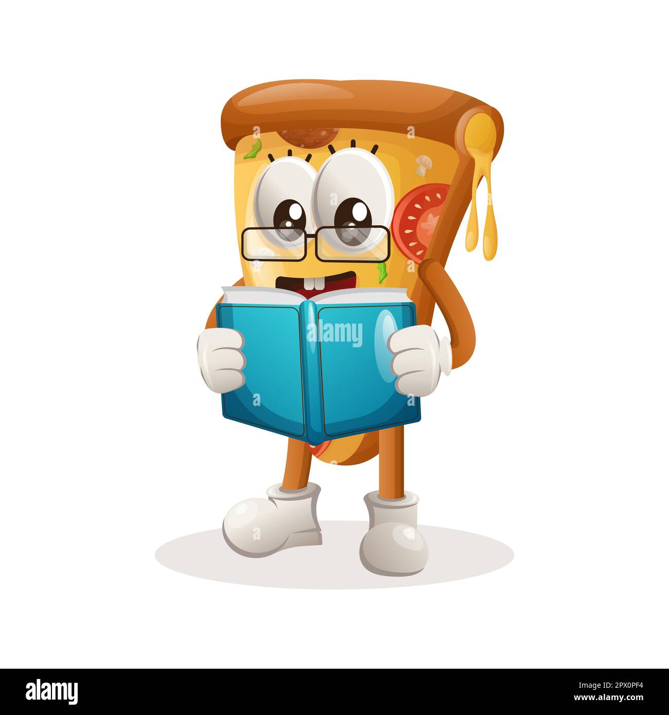 Cute pizza mascot reading a book. Perfect for food store, small ...