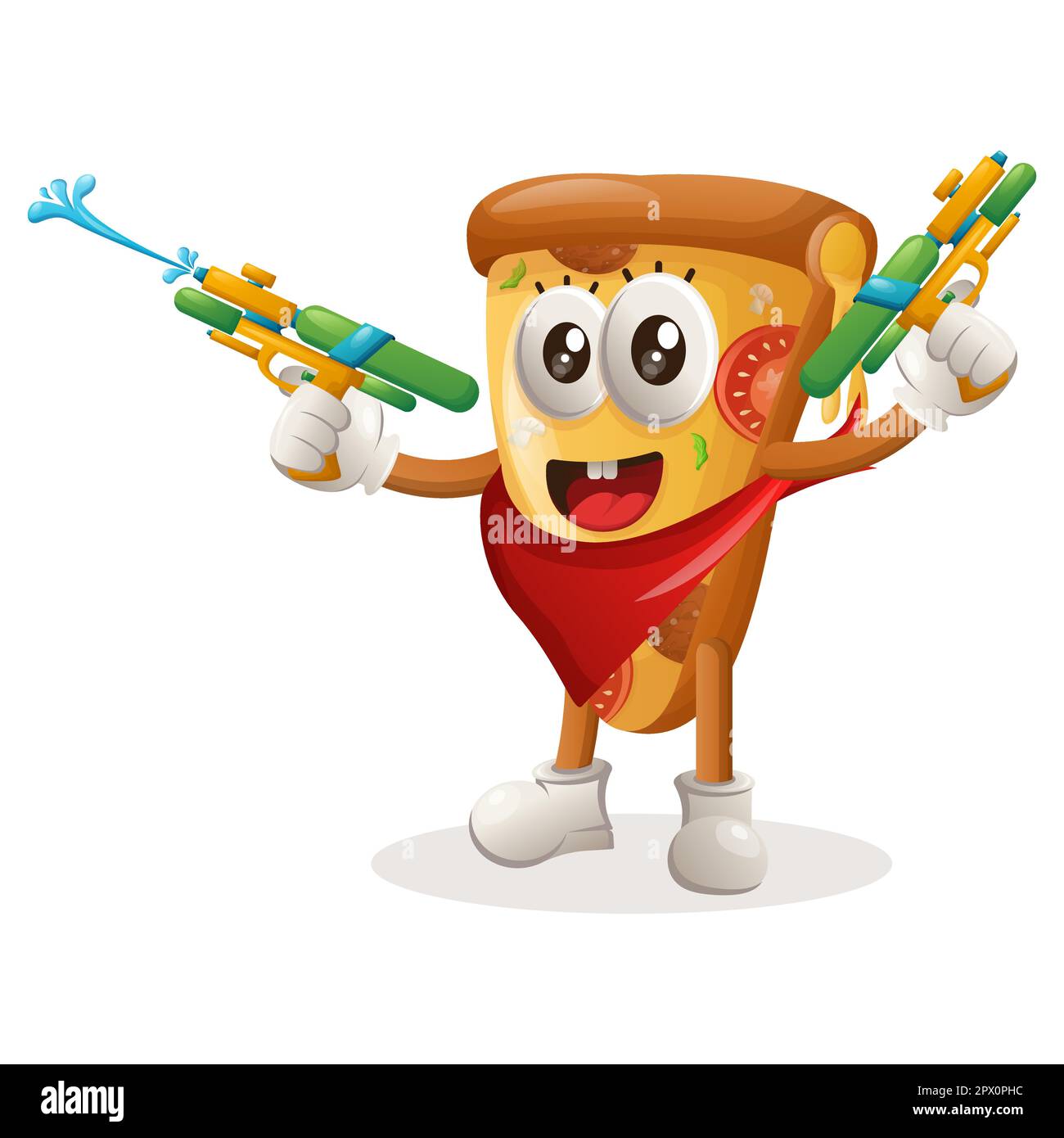 Cute pizza mascot playing with water gun toy. Perfect for food store ...