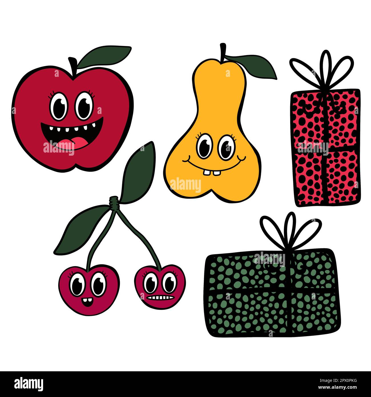 Retro cartoon fruit set apples and cherry and pears and gift box for ...