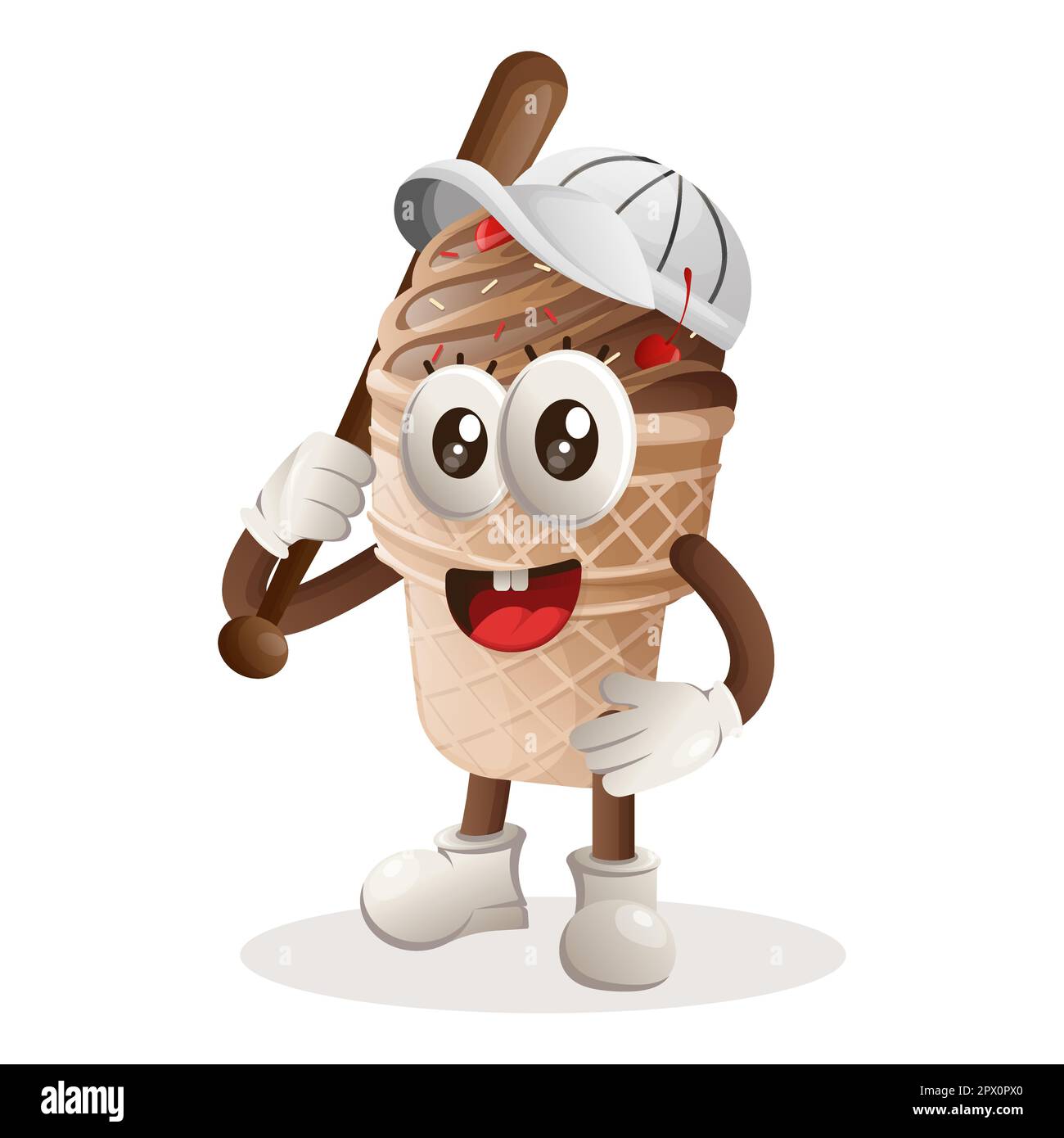 Cute ice cream mascot playing baseball. Perfect for food store, small ...
