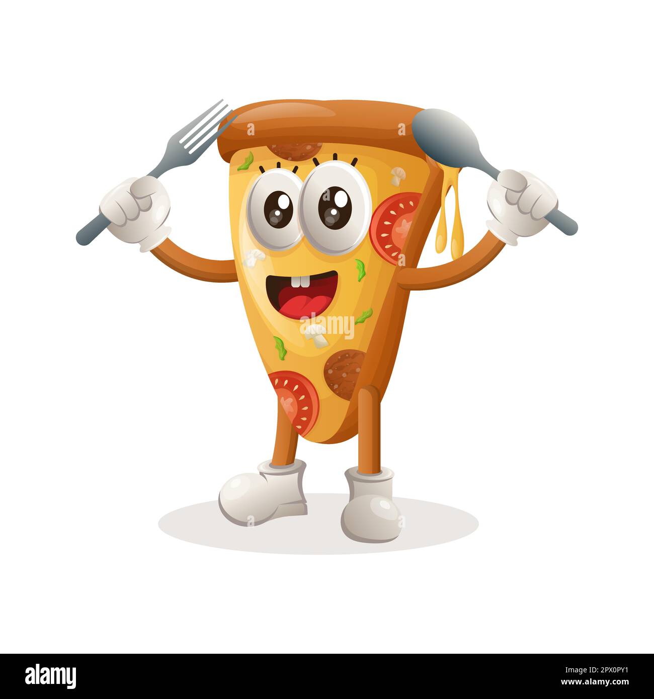 Cute pizza mascot holding spoon and fork. Perfect for food store, small ...