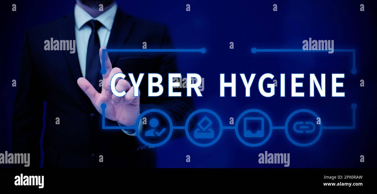 Hand writing sign Cyber Hygiene, Internet Concept steps that computer ...