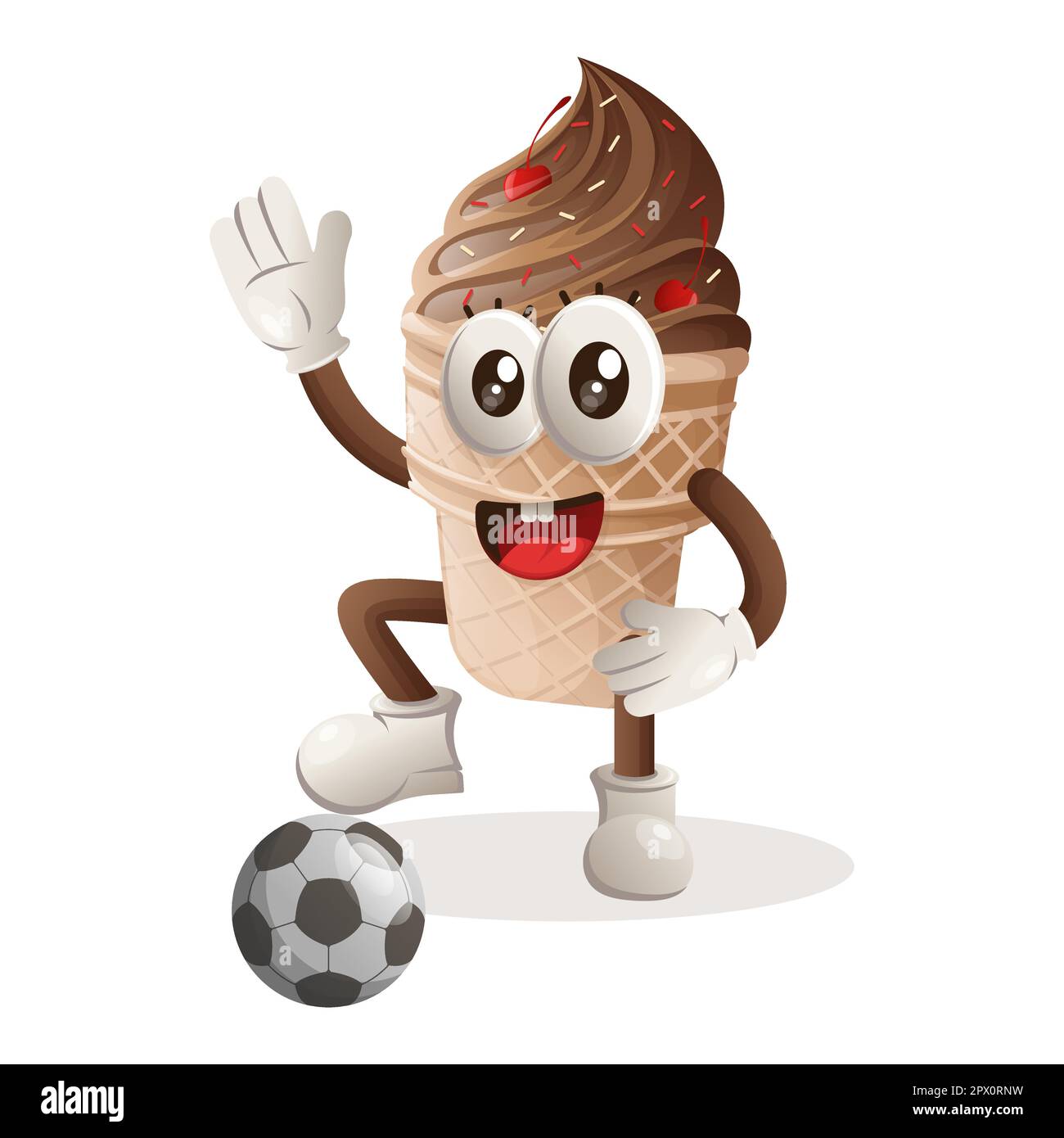 Cute ice cream mascot play football, soccer ball. Perfect for food ...