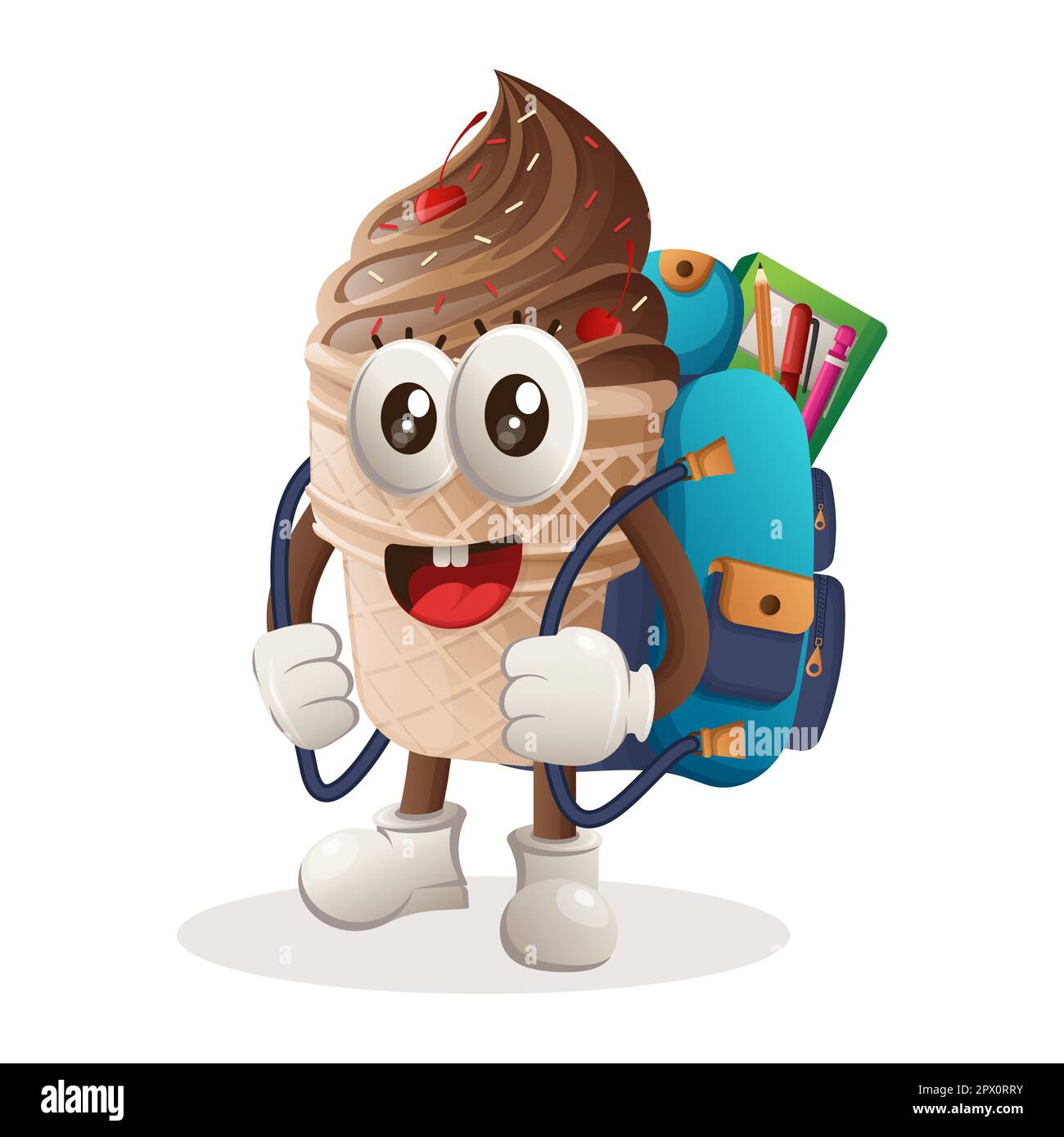 Cute ice cream mascot carrying a schoolbag, backpack, back to school ...