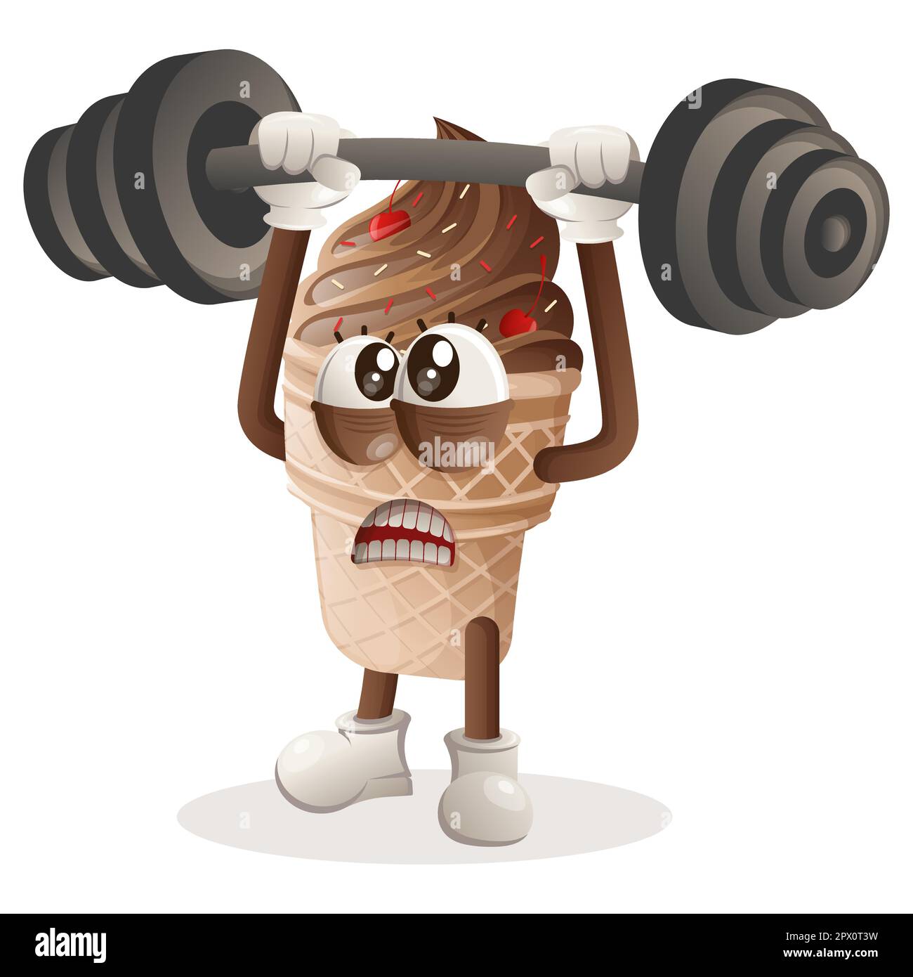 Cute ice cream mascot bodybuilding with barbell flexing muscles ...