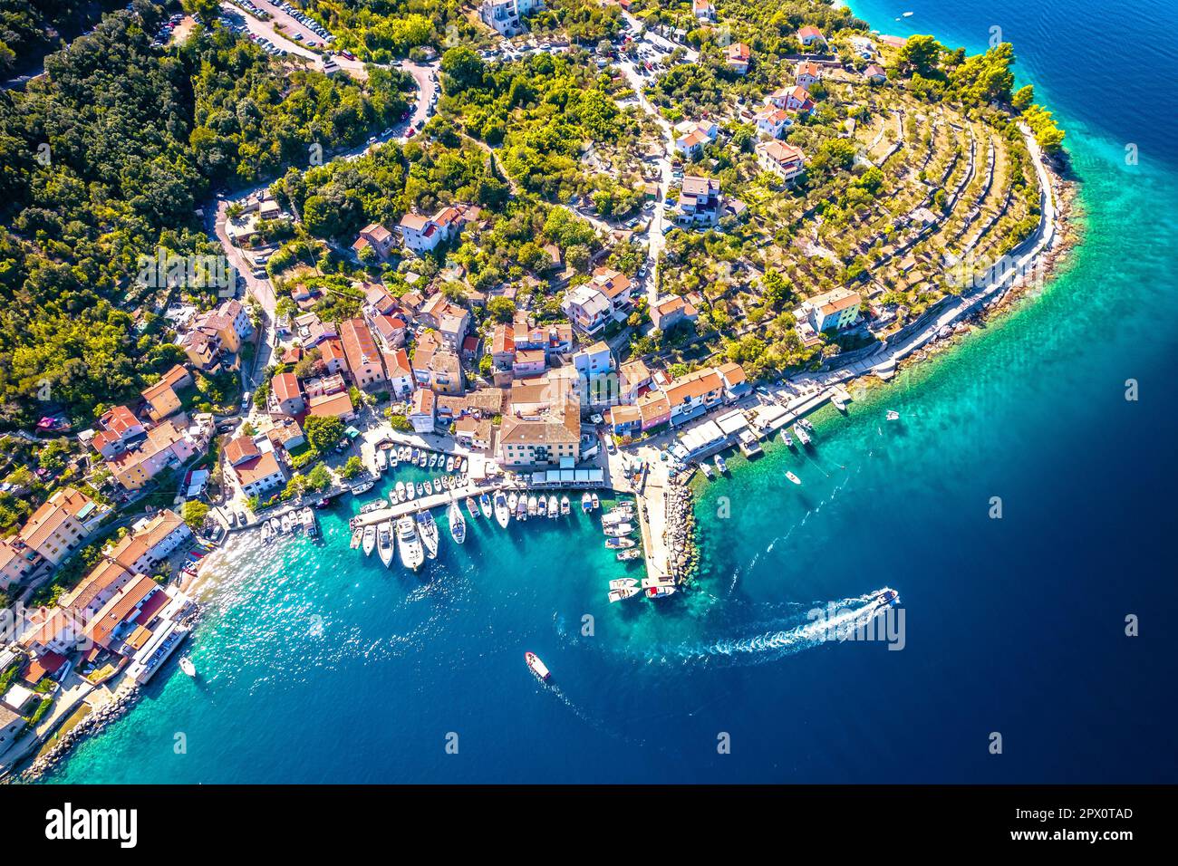 Village of Valun sailing bay on Cres island aerial view, Kvarner region ...