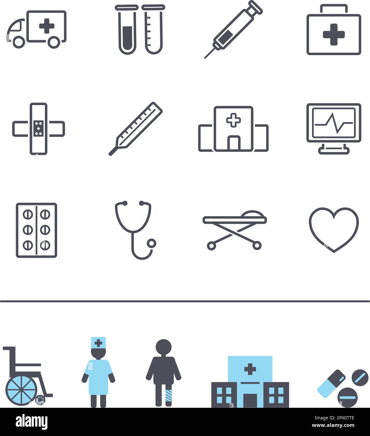 Vector set of line modern medicine icons, hospital, nurse, disease ...