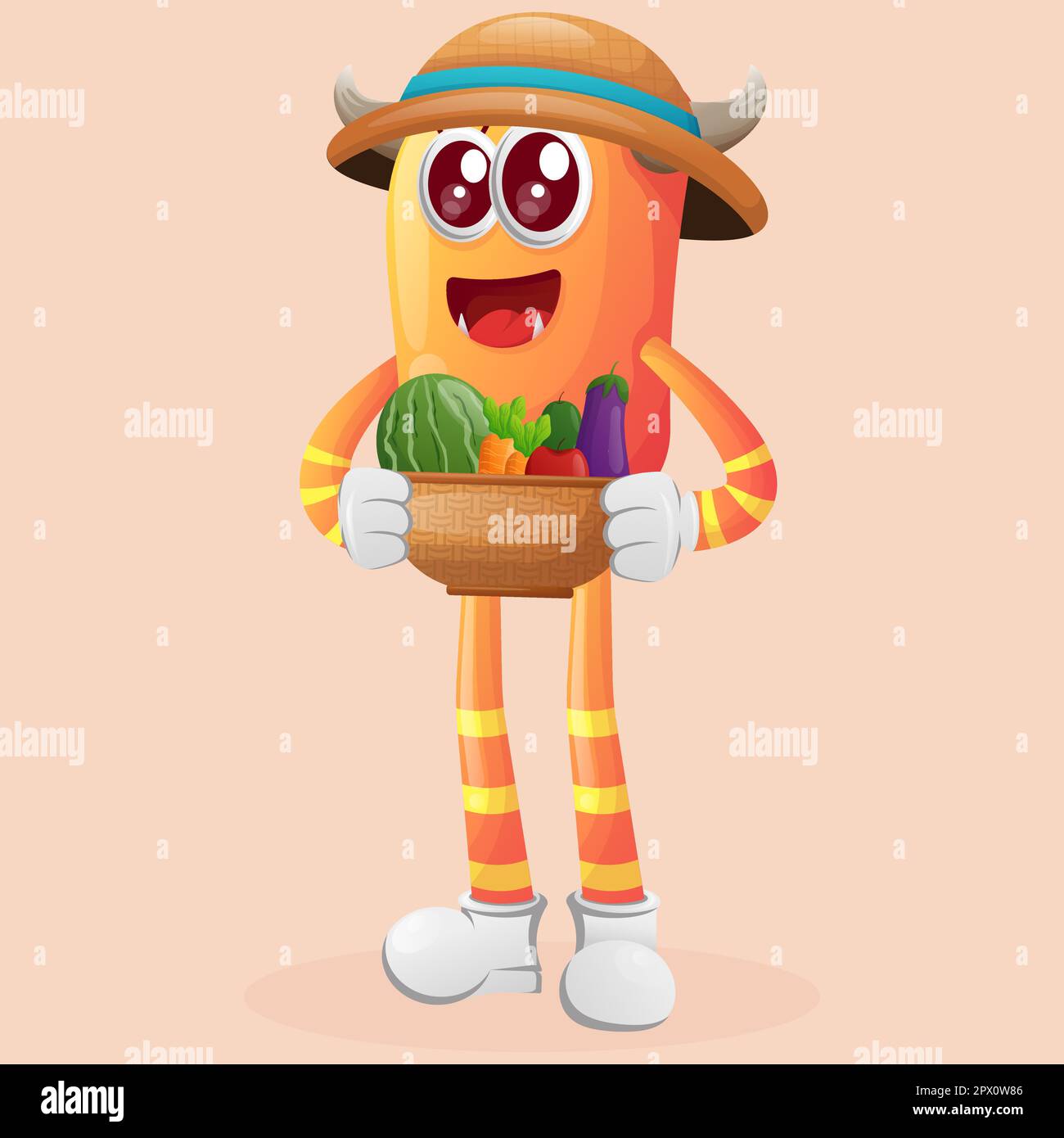 Cute orange monster carries variety of fresh vegetables and fruits ...