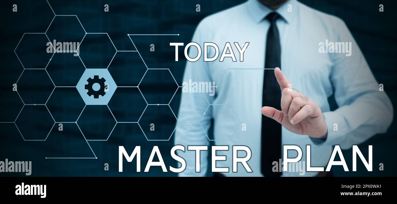 Text sign showing Master Plan, Business overview dynamic long-term ...