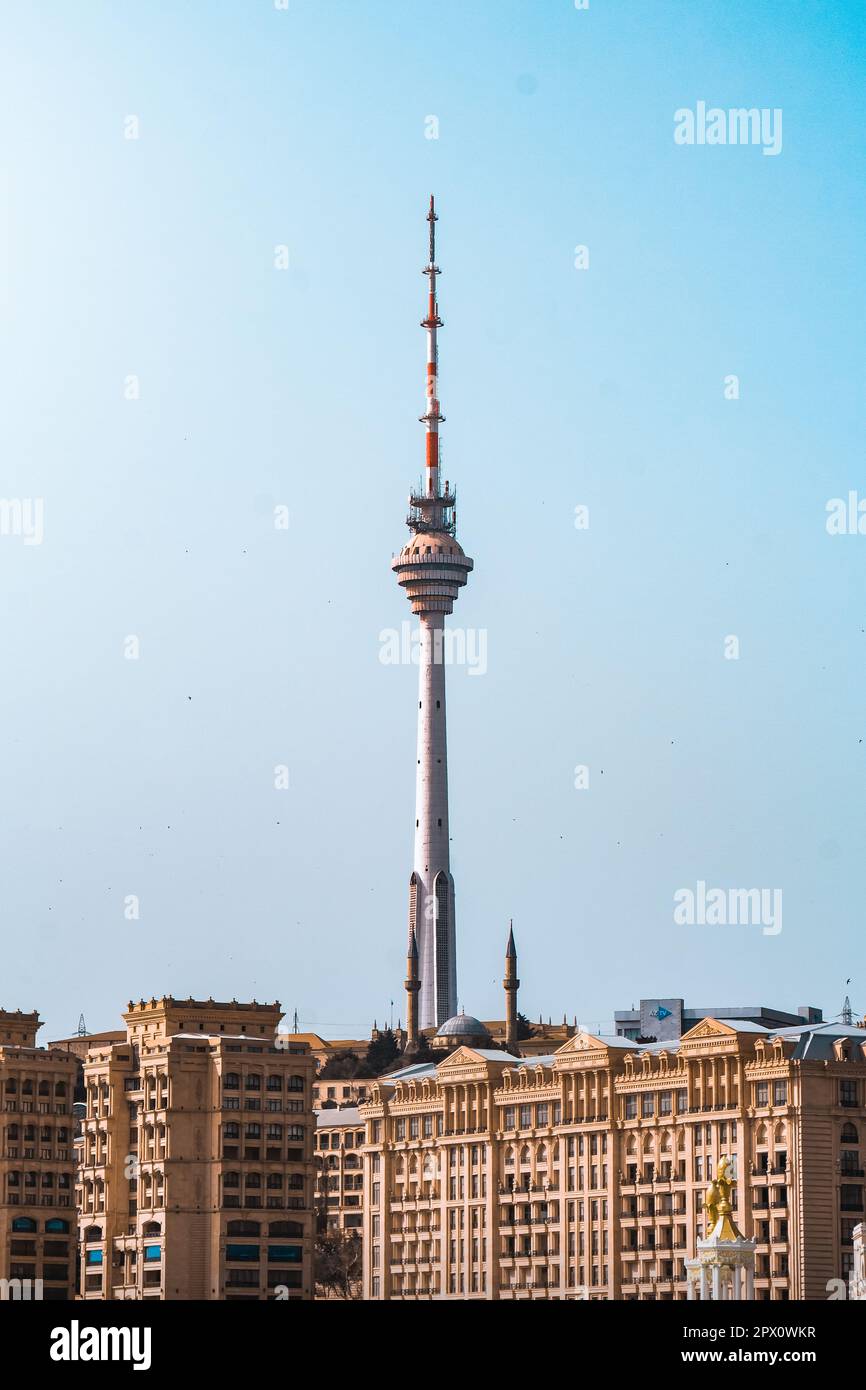 A view of the Baku TV tower from old town Baku, the capital of ...