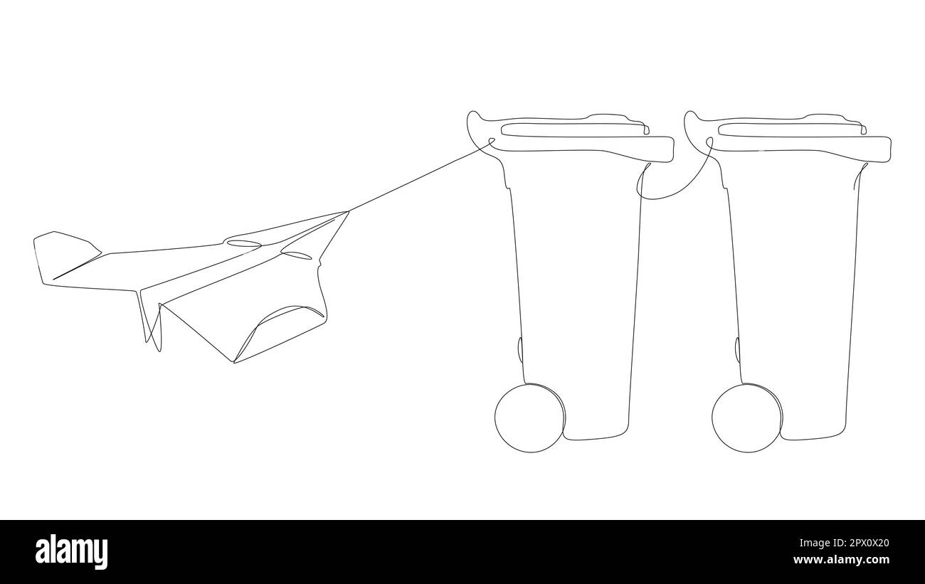 One continuous line of Paper Airplane with Garbage Bin. Thin Line ...