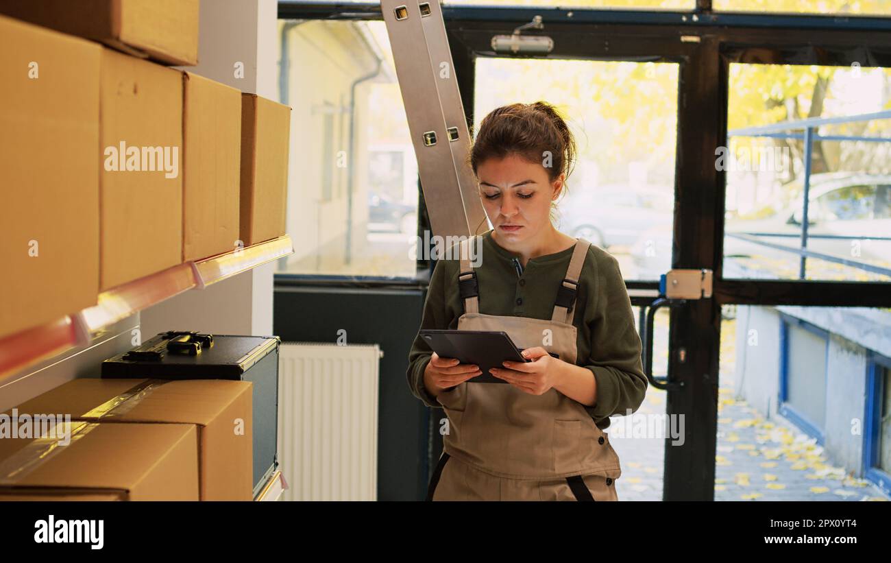 Woman answering landline phone call talking to headquarters before ...