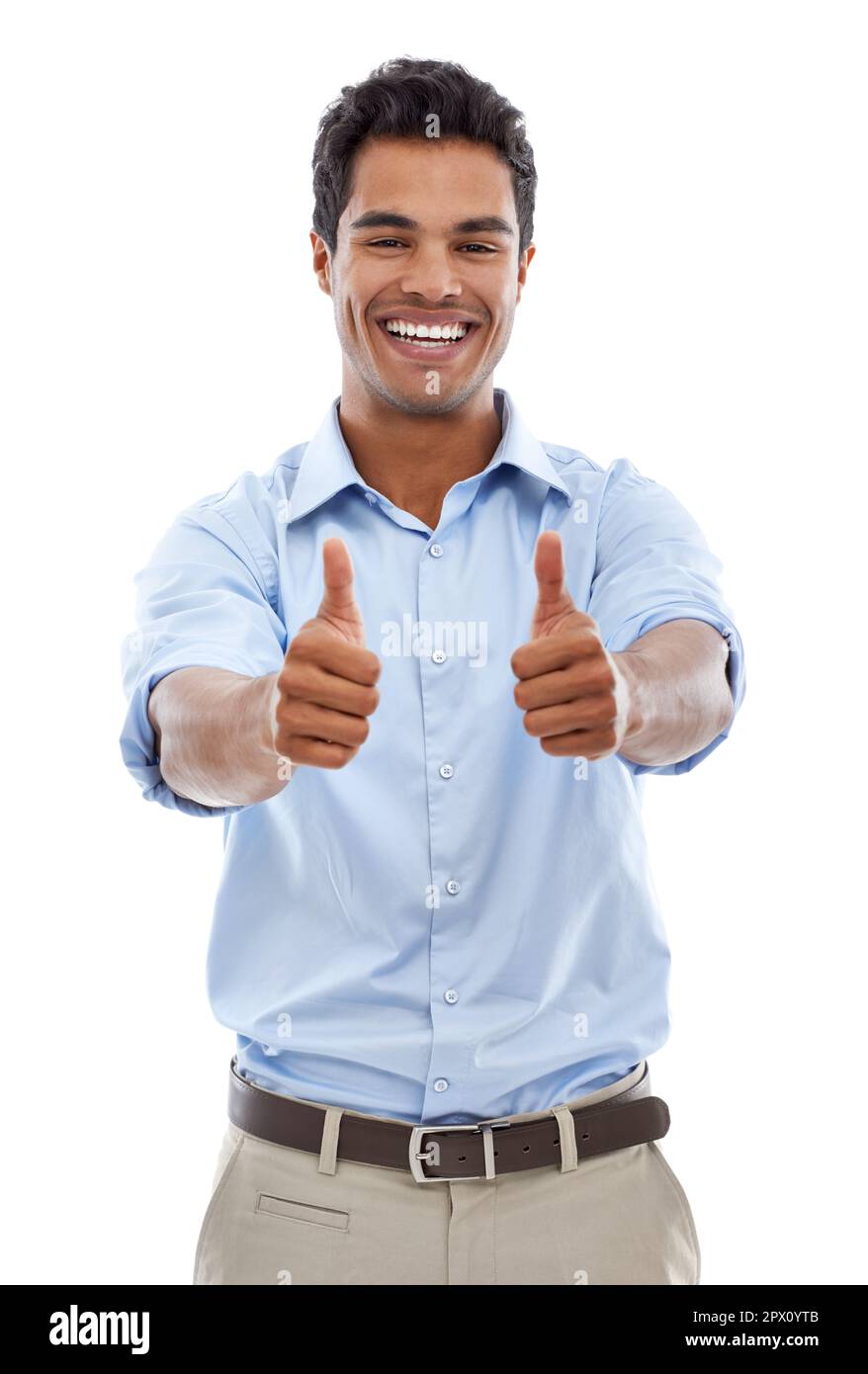 An enthusiastic approval. Studio shot of a young man giving the thumbs ...