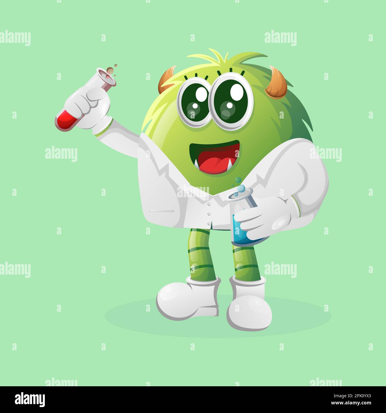 Cute green monster scientists holding tubes. Perfect for kids, small ...