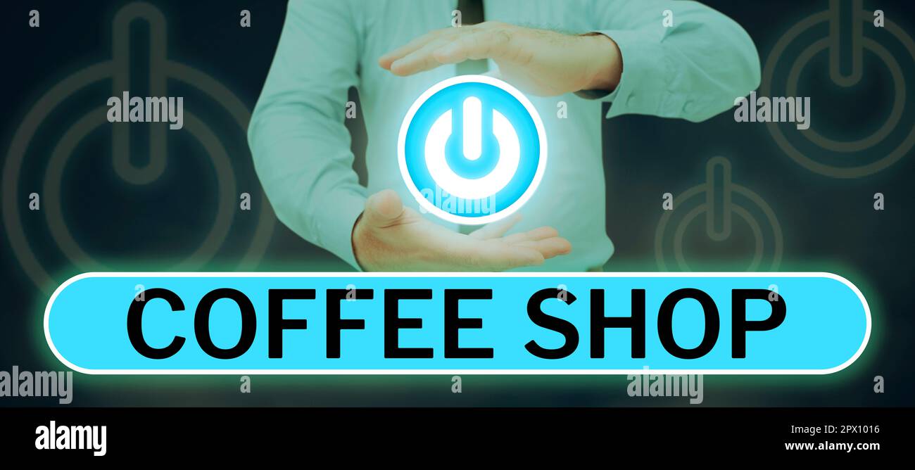 Hand writing sign Coffee Shop, Word for small informal restaurant ...