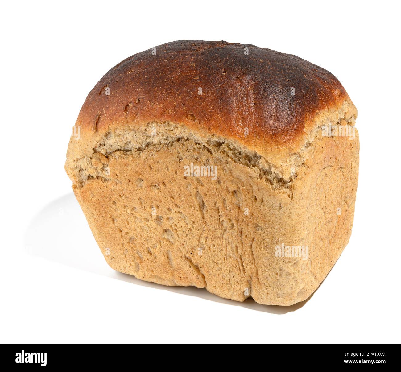 Baked rye flour bread in the shape of a brick on a white isolated ...