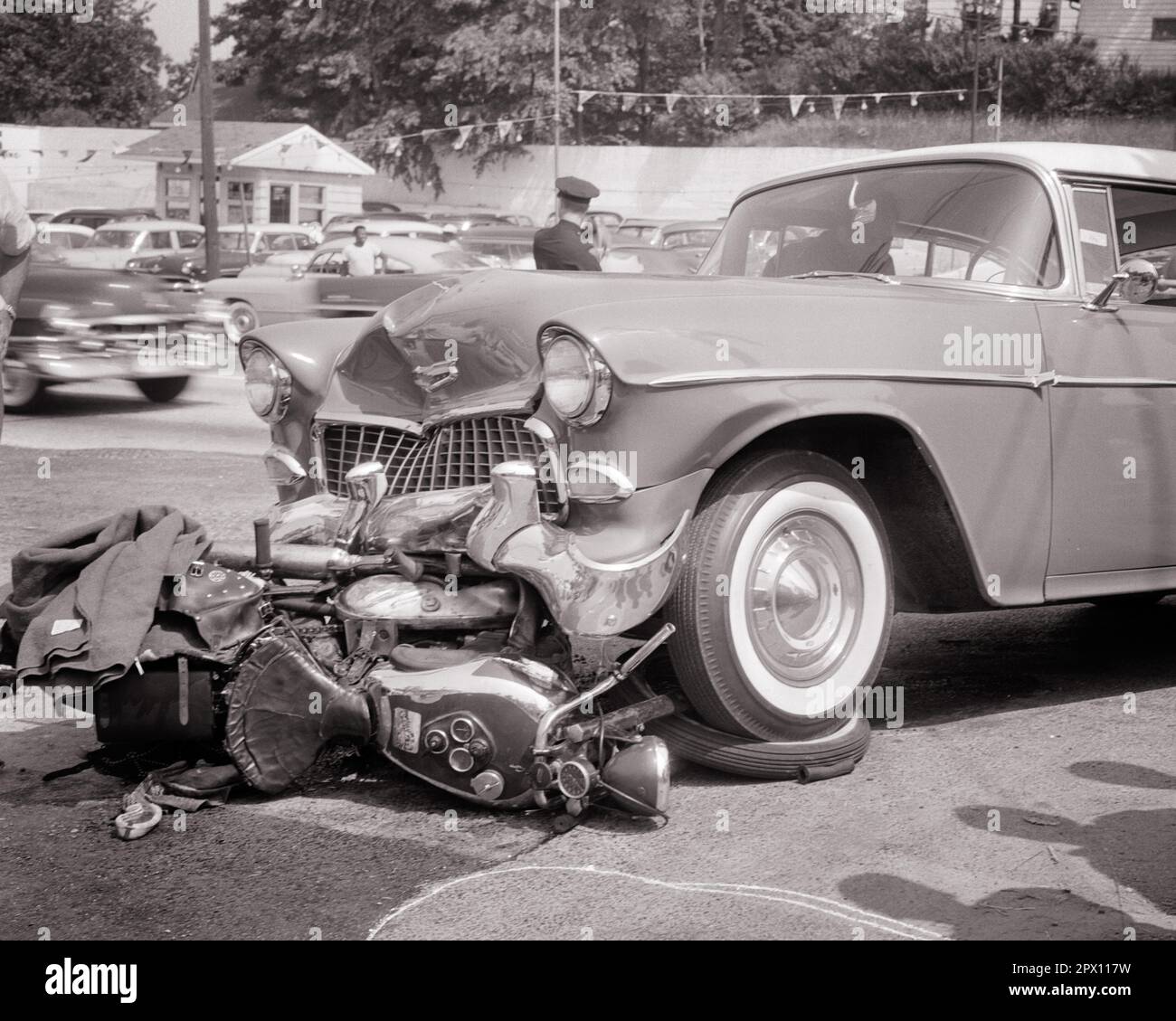 1950s MOTORCYCLE CRUSHED UNDER THE FRONT END OF A CAR - m2961 HAR001 ...