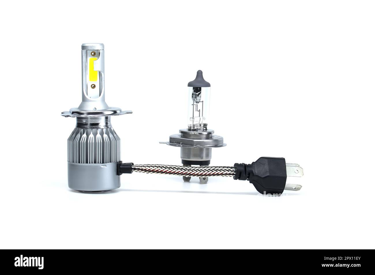 Car H4 LED and halogen headlight bulbs isolated on white background ...