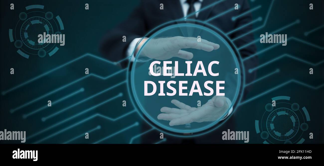 Text sign showing Celiac Disease, Word for Small intestine is ...