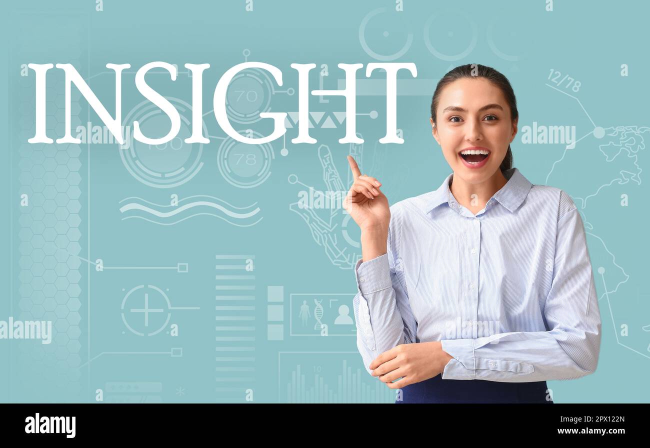 Happy businesswoman pointing at word INSIGHT on color background Stock ...