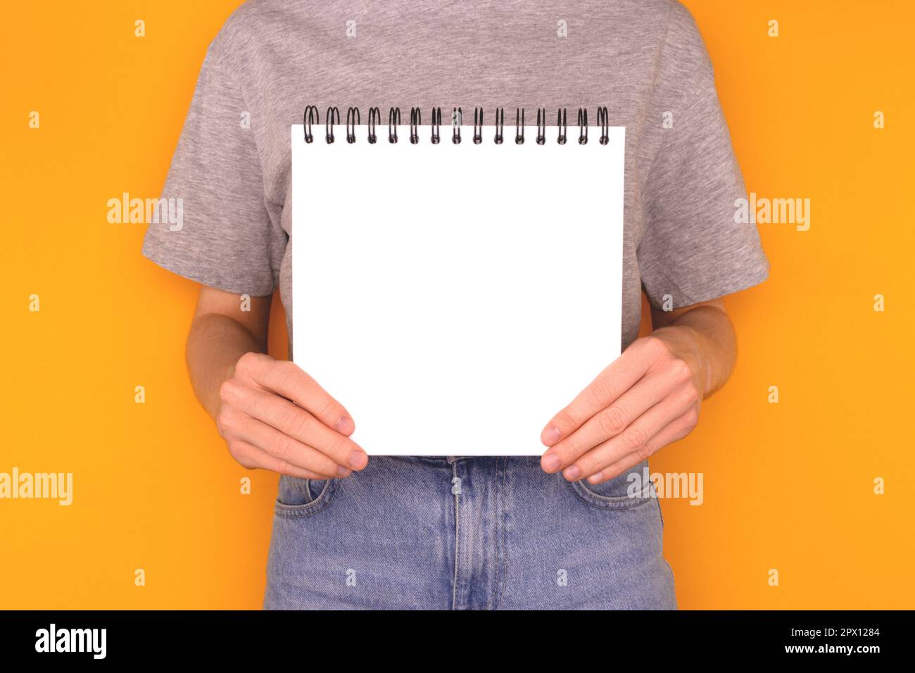 Woman hold in hands notepad. Empty mockup in front of yellow background ...