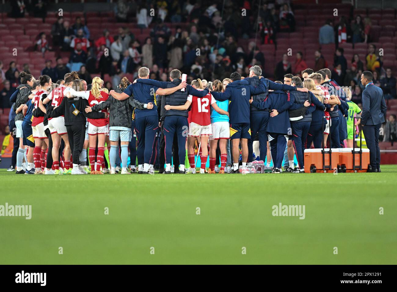London, England on 1 May 2023. The Arsenal Women team huddle at the end ...