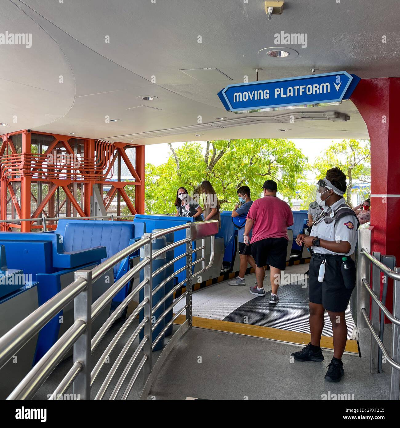 Orlando, FL USA - May 2, 2021: The ride loading area of the Peoplemover ...