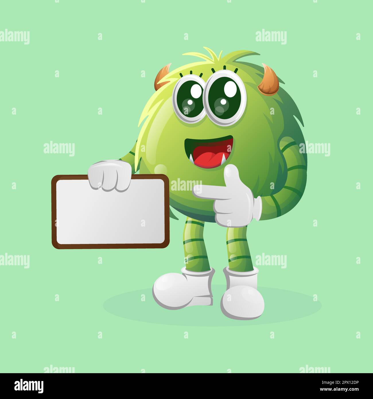 Cute green monster holding billboards, sign board. Perfect for kids ...