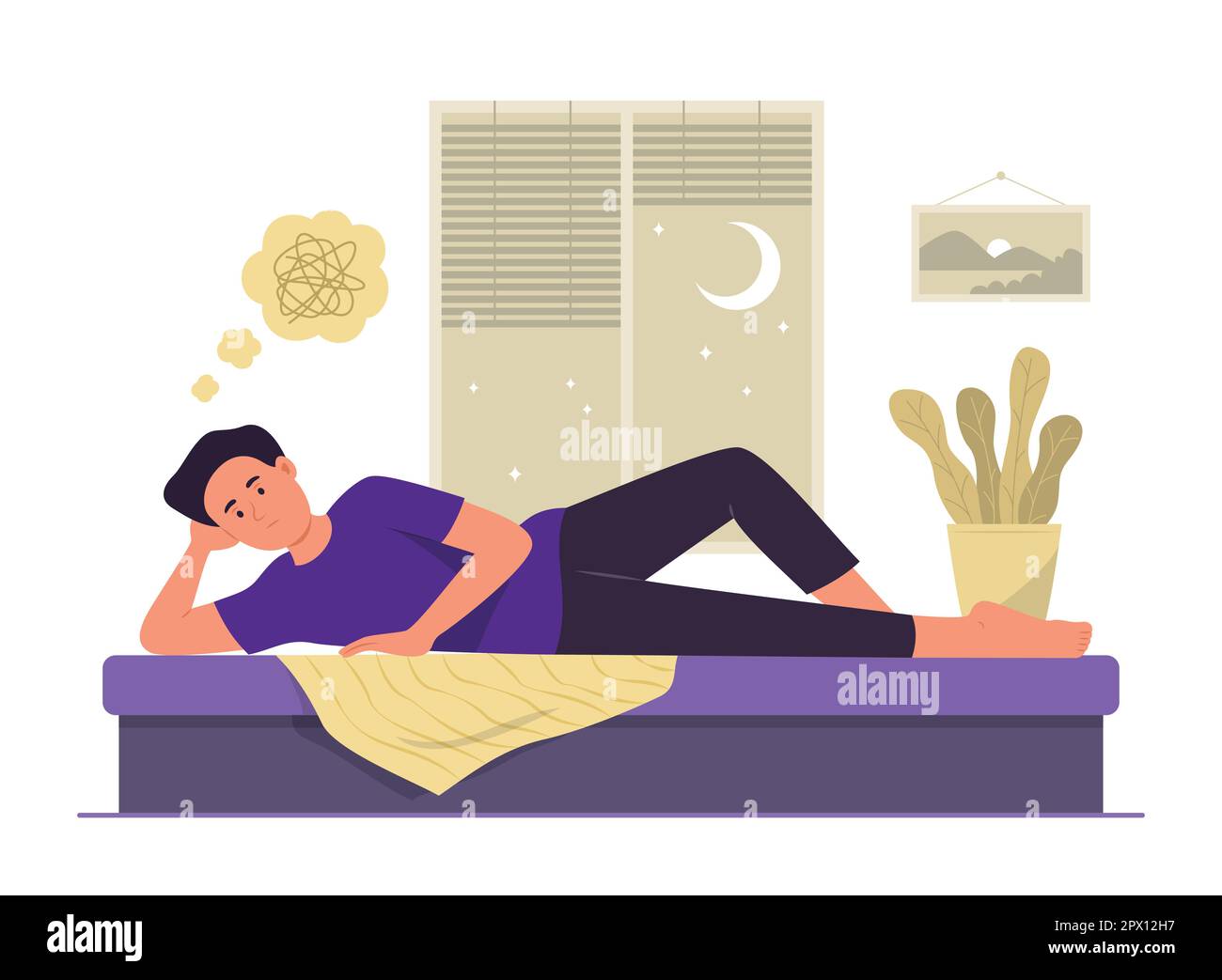 Insomnia Man Lying In Bed With Stress Feeling For Sleepless Concept
