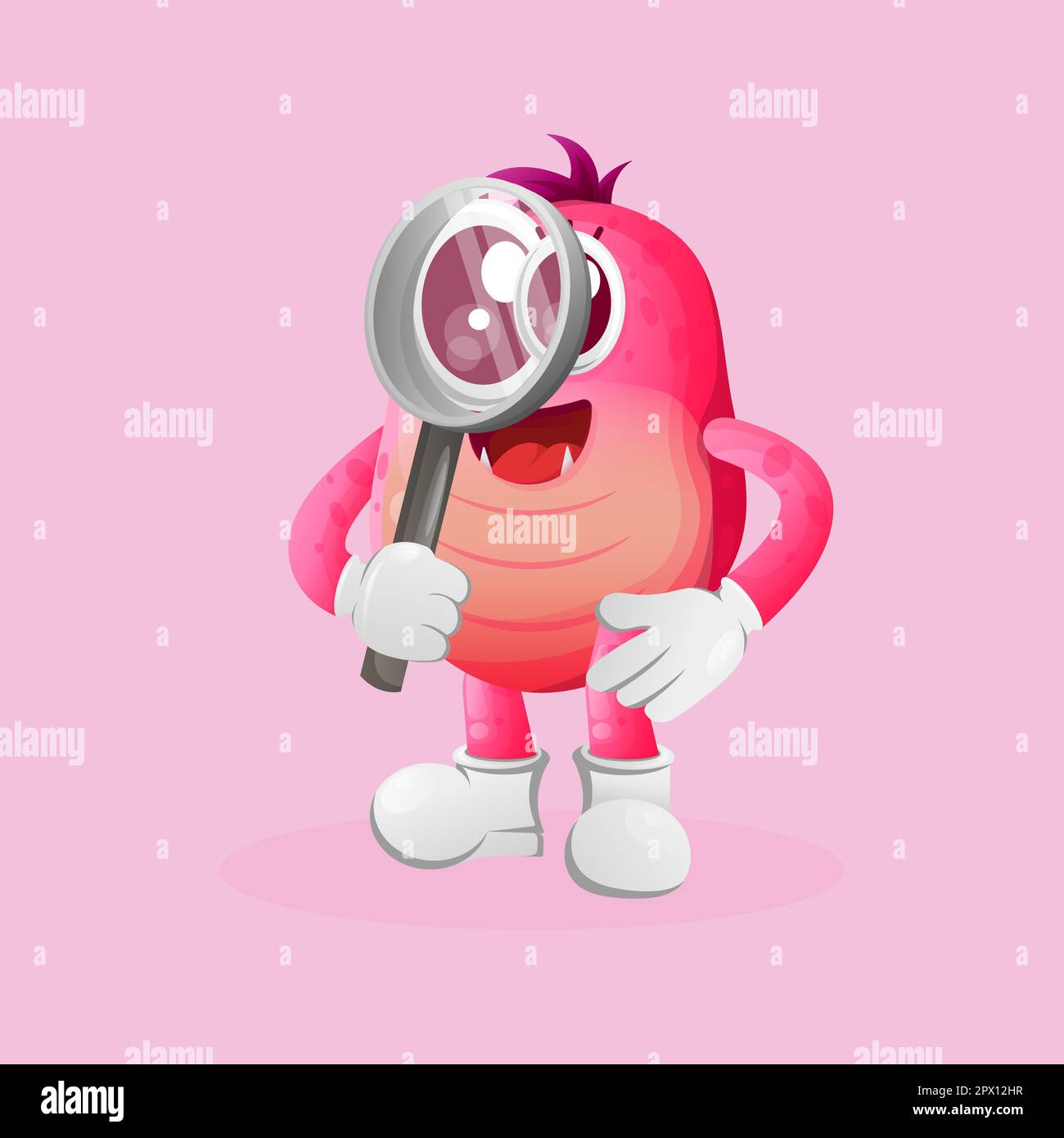 Cute pink monster conducting research, holding a magnifying glass ...