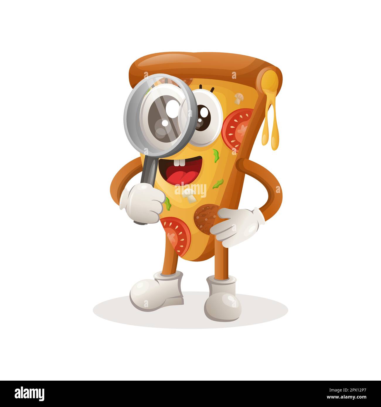 Cute pizza mascot conducting research, holding a magnifying glass ...