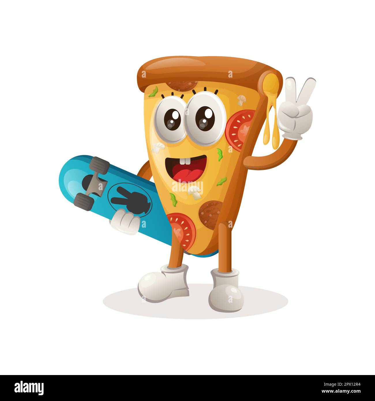 Cute pizza mascot carrying a skateboard. Perfect for food store, small ...