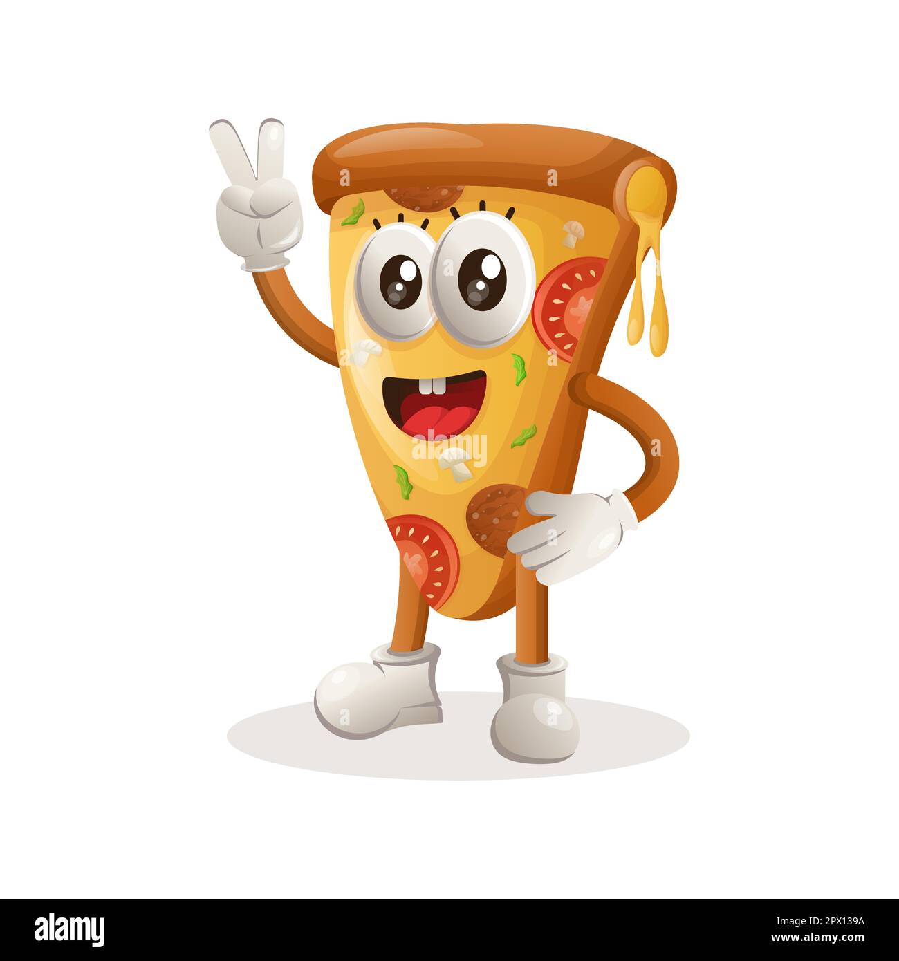 Cute pizza mascot with peace hand. Perfect for food store, small ...
