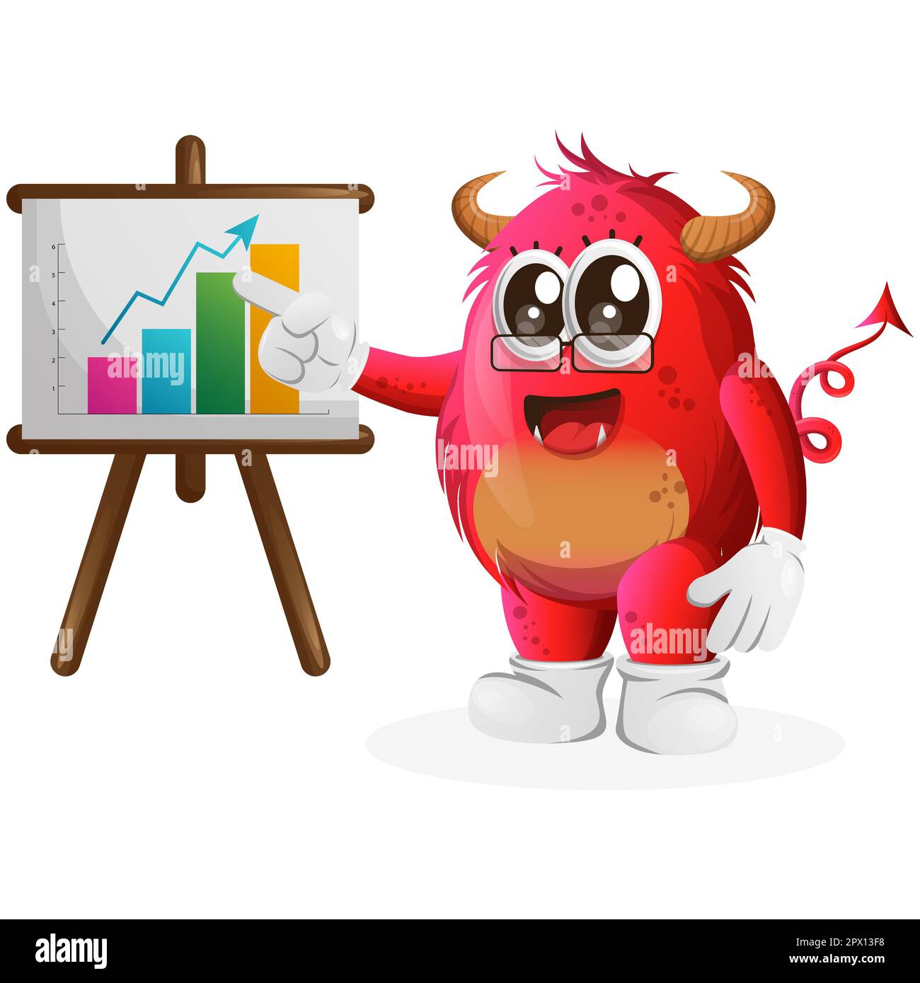 Cute red monster gives report presentation, shows column graphics ...