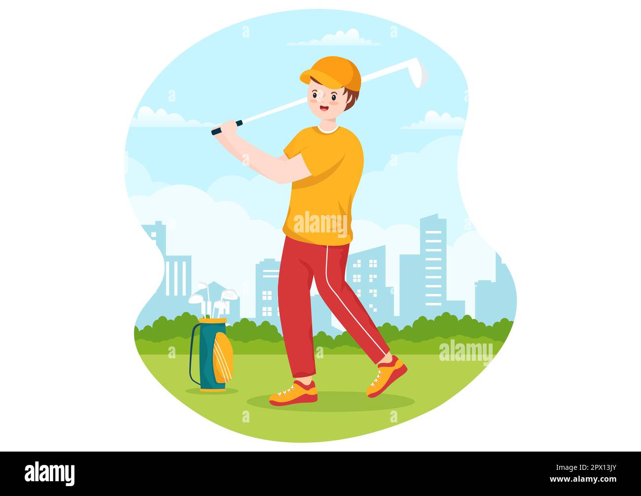 Golf Sport Illustration with Flags, Cart, Sticks, Green Field and Sand ...