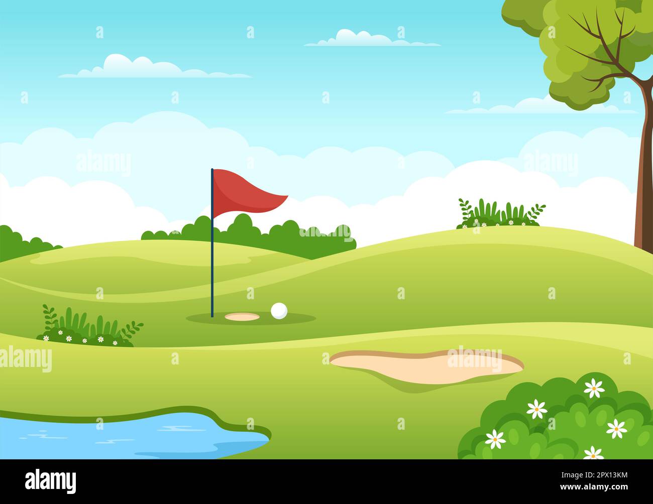 Golf Sport Illustration with Flags, Cart, Sticks, Green Field and Sand ...