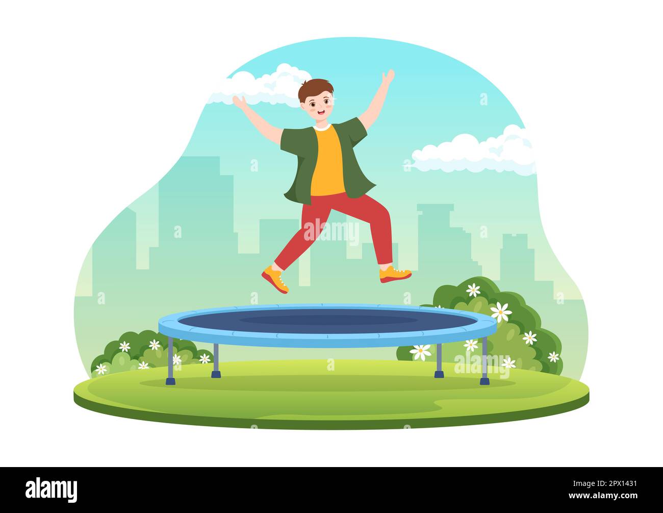 Trampoline Illustration with Youth Jumping On a Trampolines in Hand ...